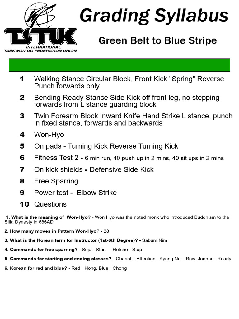 6th Kup Taekwondo Grading Syllabus | PDF