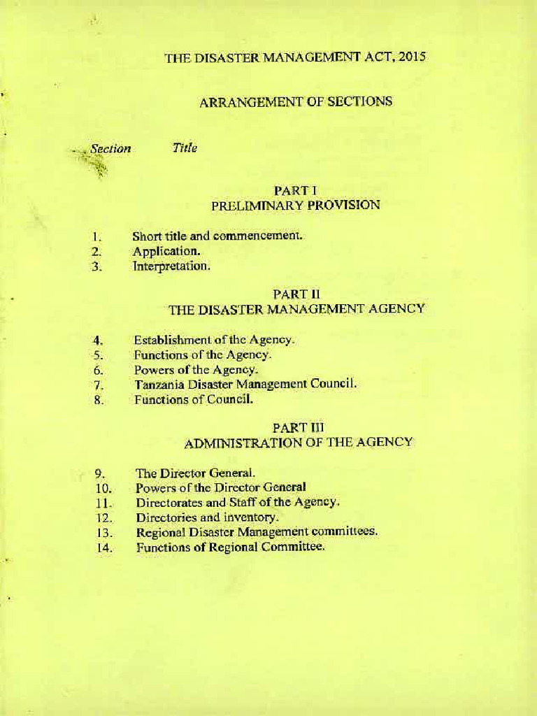 Tanzania - Disaster Management Act 2015 | PDF