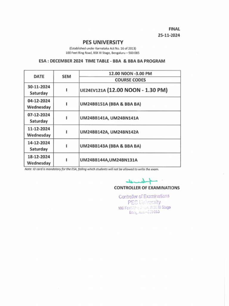 BBA 1st Sem Final Time Table - Dec 24 | PDF