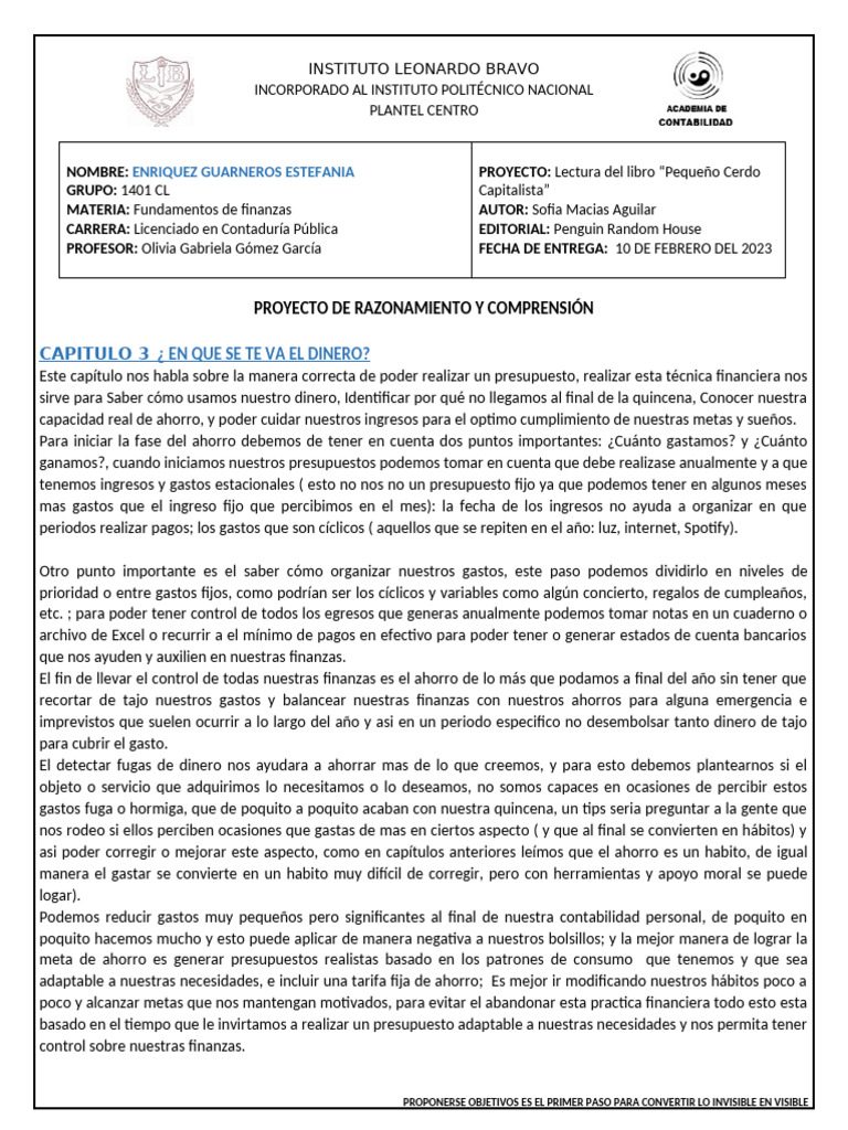 Reporte Lectura Del Libro 3 | PDF | Presupuesto | Ahorro