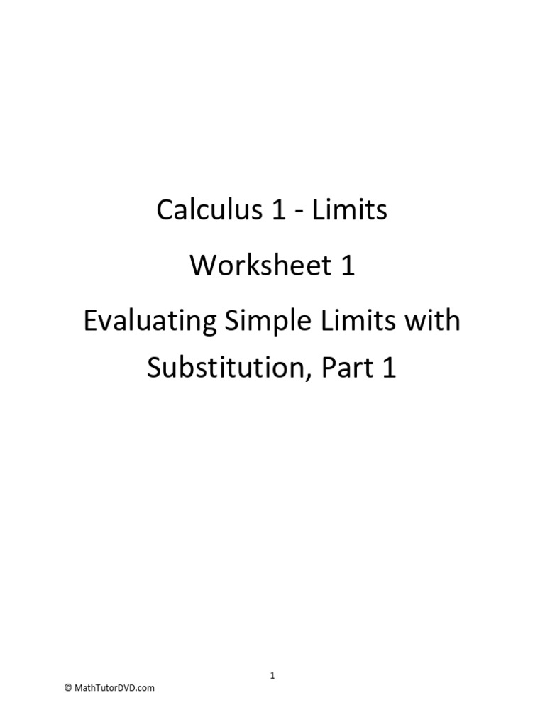 Calculus 1 - Limits - Worksheet 1 - Evaluating Simple Limits With ...