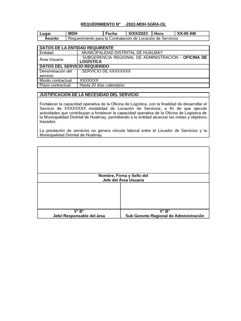 Modelo de Requerimiento - Servicios | PDF