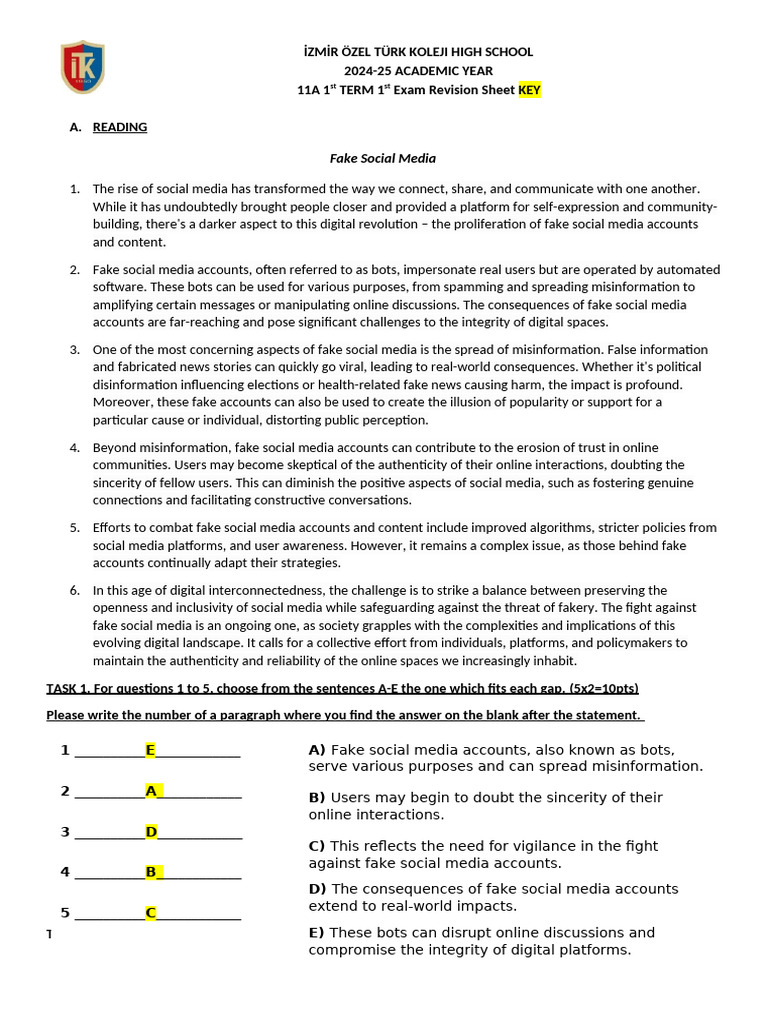 11A 1st Exam Revision Worksheet KEY | PDF | Social Media | Popular ...