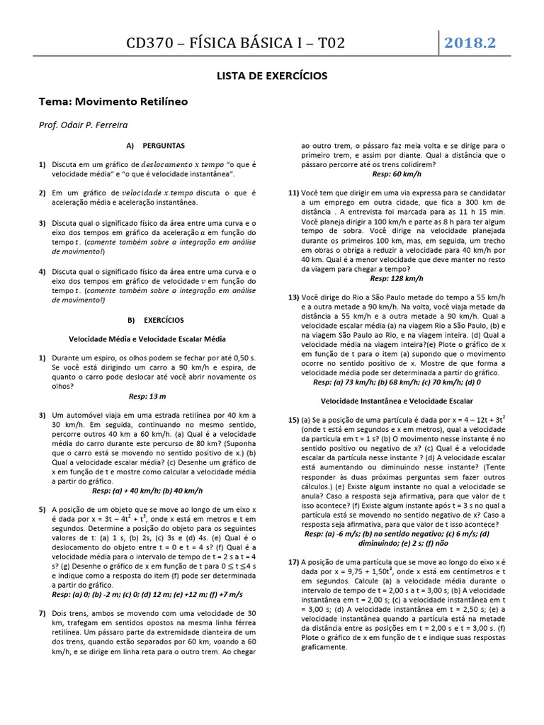 Cap 3 FISICA BASICA I LISTA DE EXERCICIO | PDF | Velocidade | Velocidade