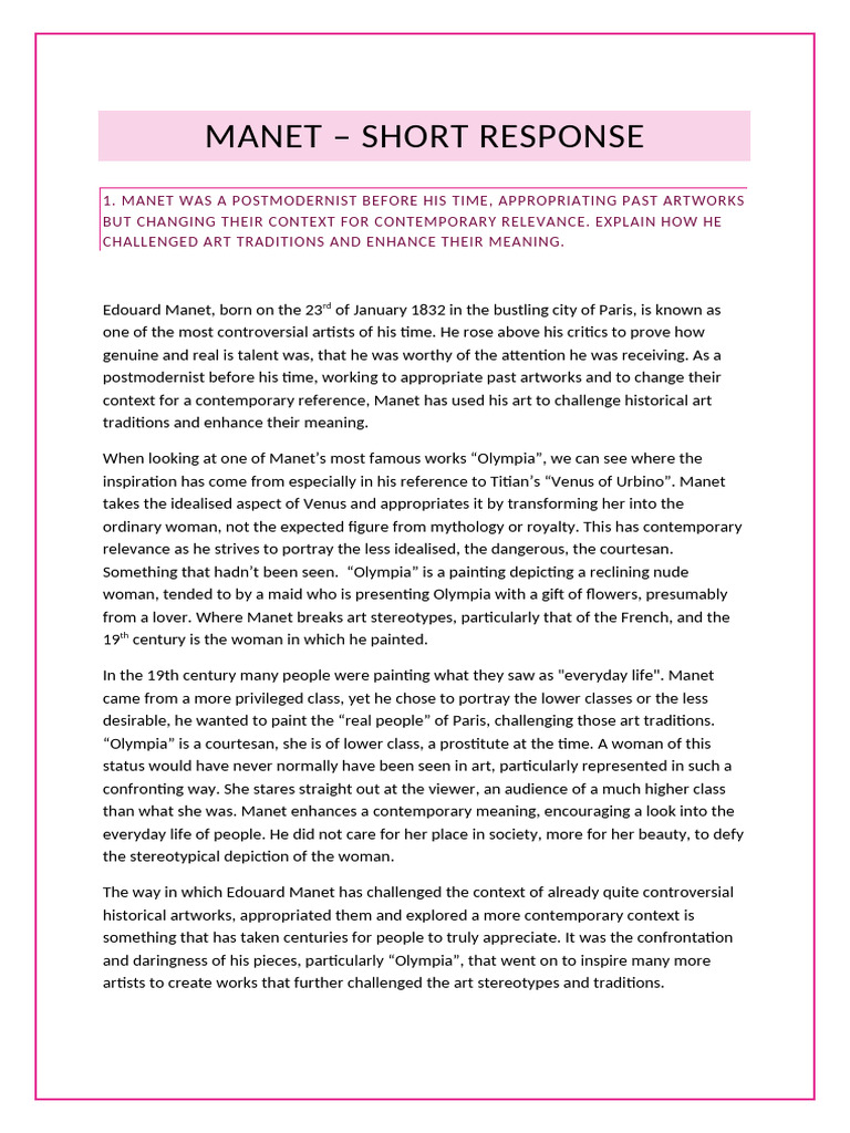 Manet - Short Response | PDF | Édouard Manet | Paintings