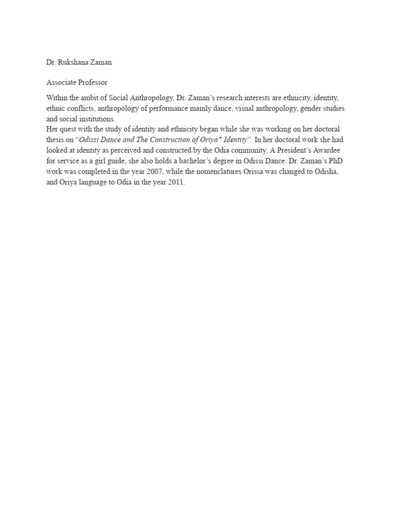 Dr. Rukshana Zaman: Social Anthropology Expert | PDF
