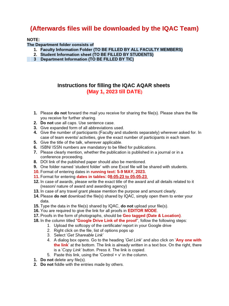 INSTRUCTIONS FOR FILLING AQAR 1 May 2023 Onwards SHEETS (Departments) | PDF | Computer File ...