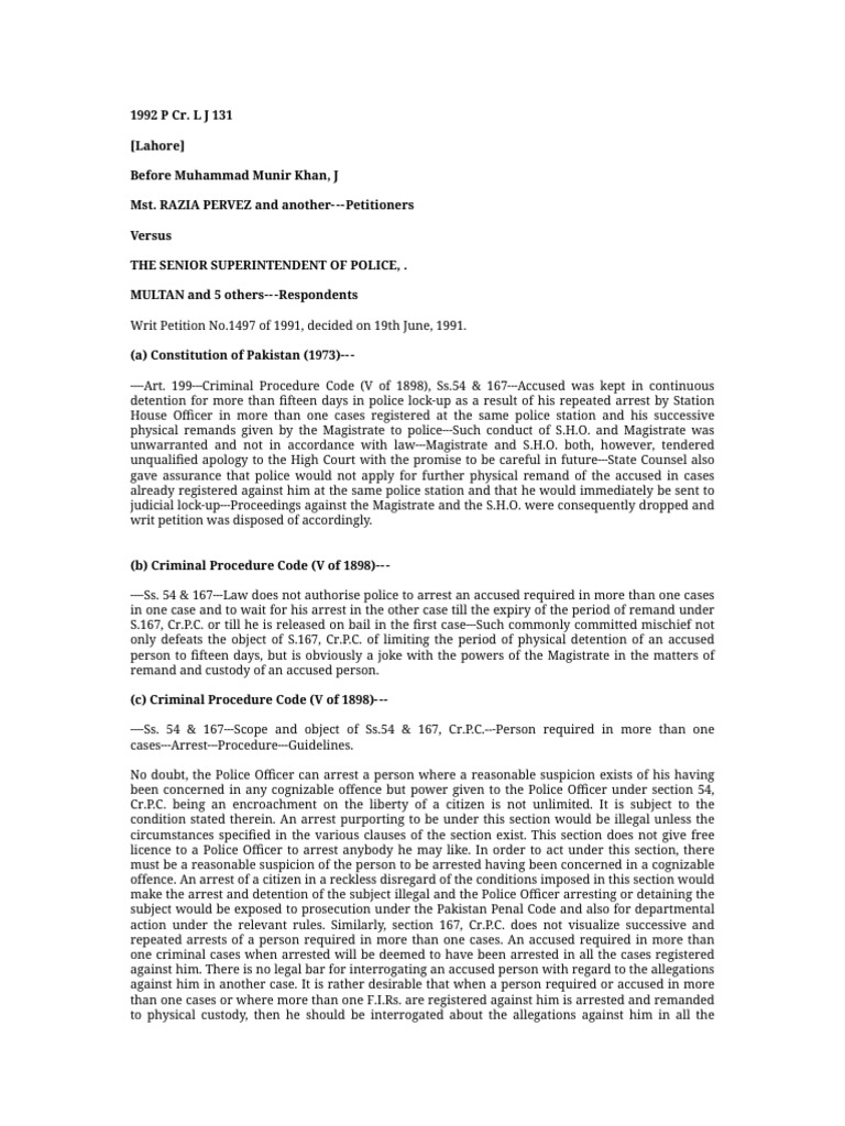 1992 P CRLJ 131 Remand Case Law | PDF | Arrest | Bail