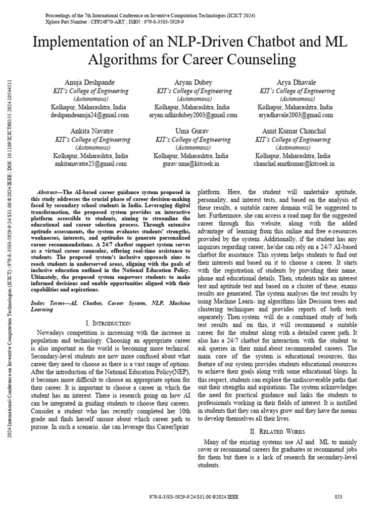 Deshpande Et Al. 2024 - NLP Driven - Chatbot For Career - Counseling | PDF | Machine Learning ...