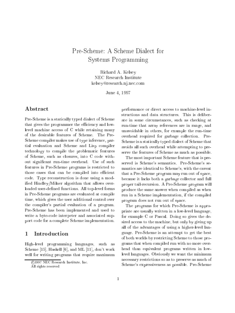 Pre Scheme | PDF | Scheme (Programming Language) | Programming Language Pre Scheme | PDF | Scheme (Programming Language) | Programming Language