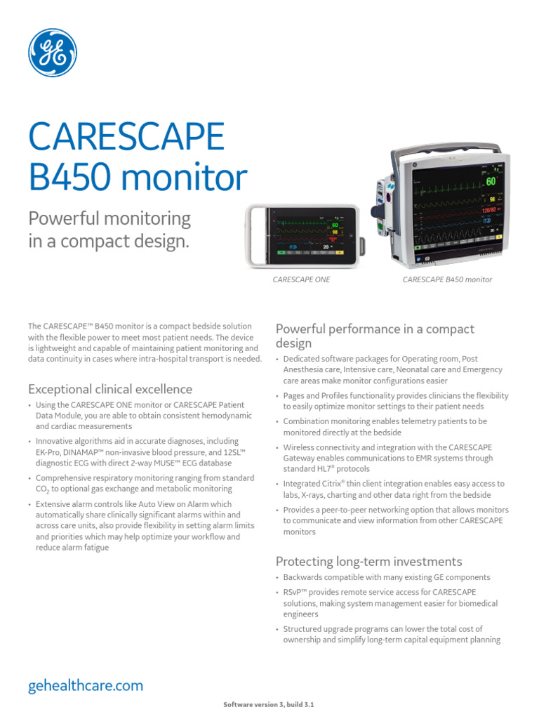 CARESCAPE B450 Monitor Spec Sheet | PDF | Monitoring (Medicine) | Display Resolution
