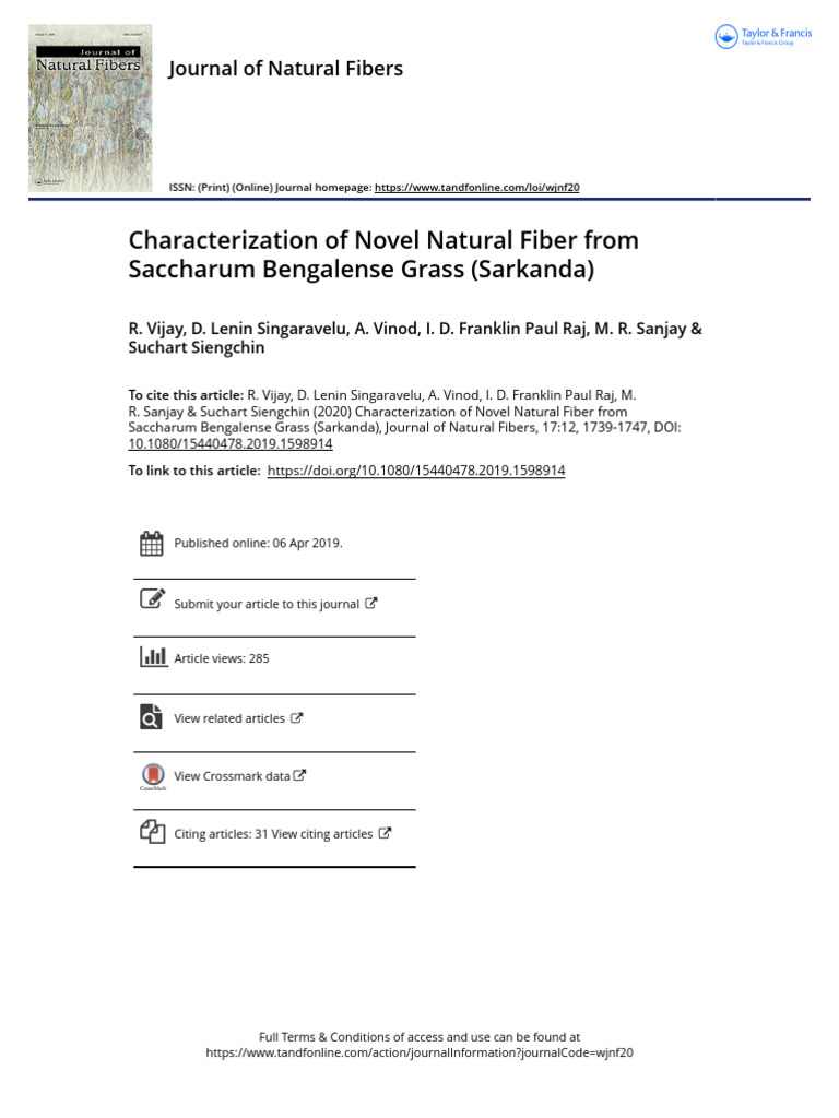 Characterization of Novel Natural Fiber From Saccharum Bengalense Grass ...