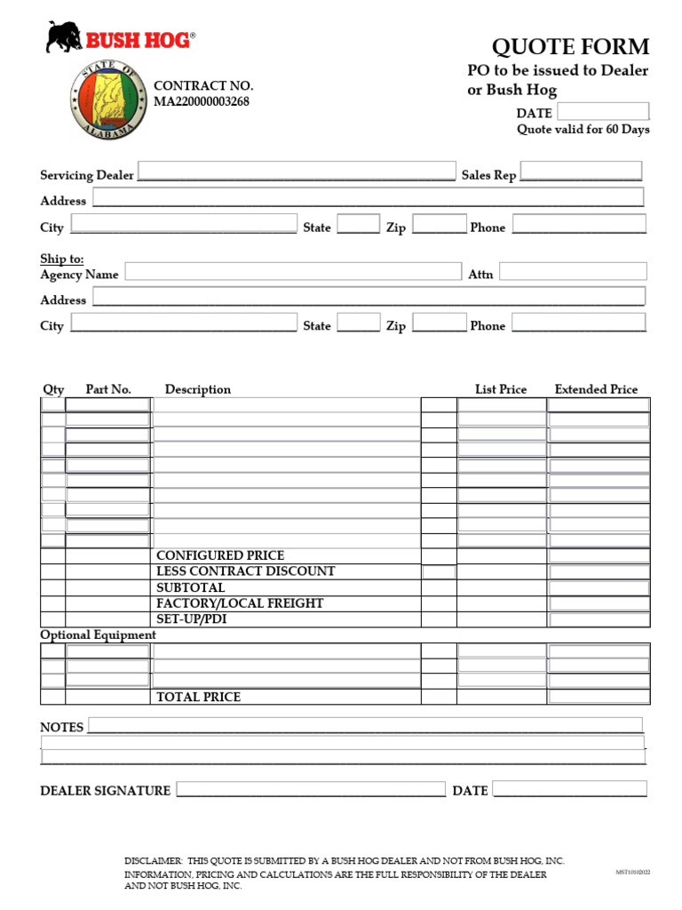 Bush Hog AL Tractor Ag Implements Contract Dealer Fillable Quote Form ...