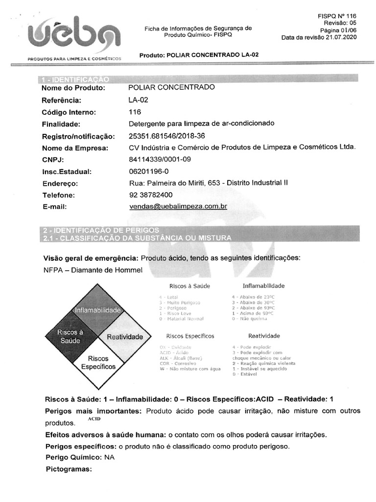 FISPQ Detergente para Limpeza de Ar Condicionado POLIAR | PDF