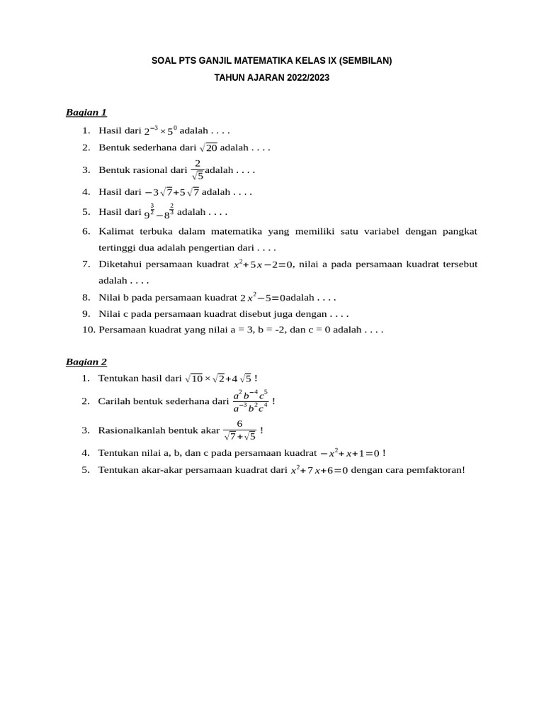 SOAL PTS GANJIL MATEMATIKA KELAS IX Dan VIII | PDF