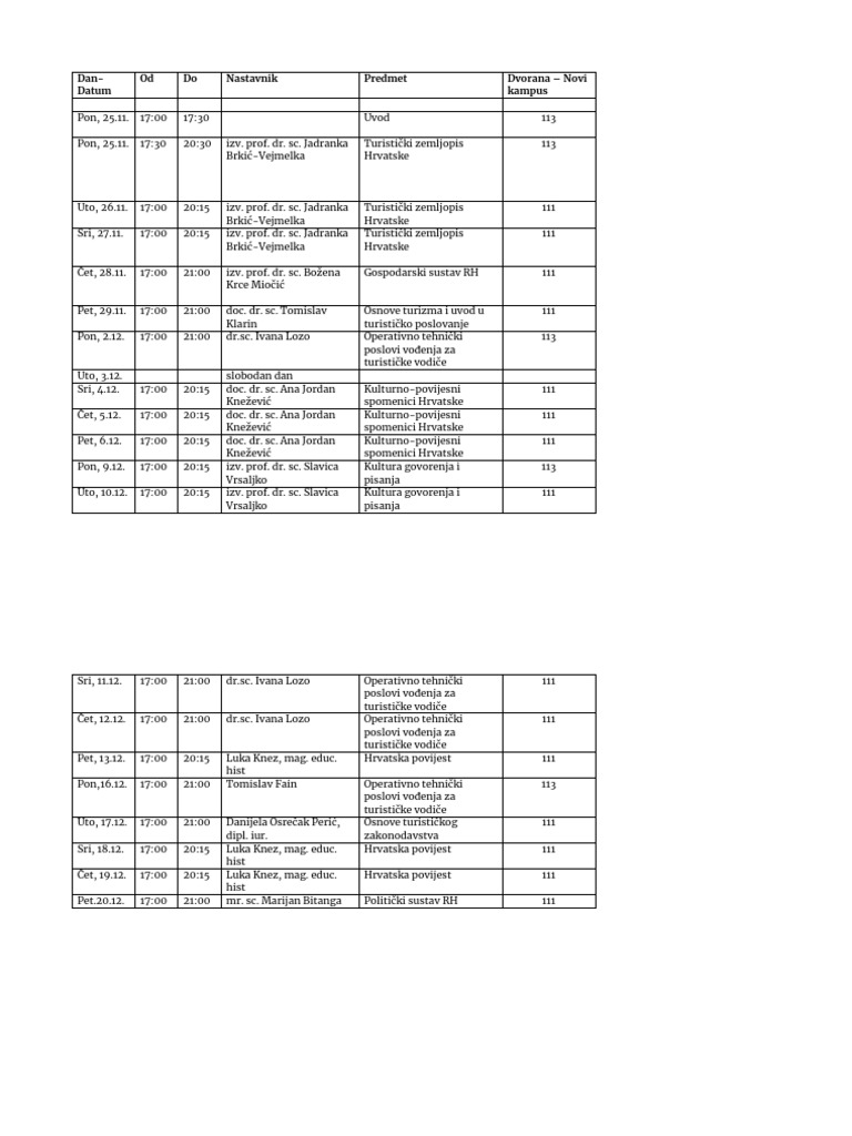 Raspored Predavanja - Opci Dio, Studeni 2024 | PDF