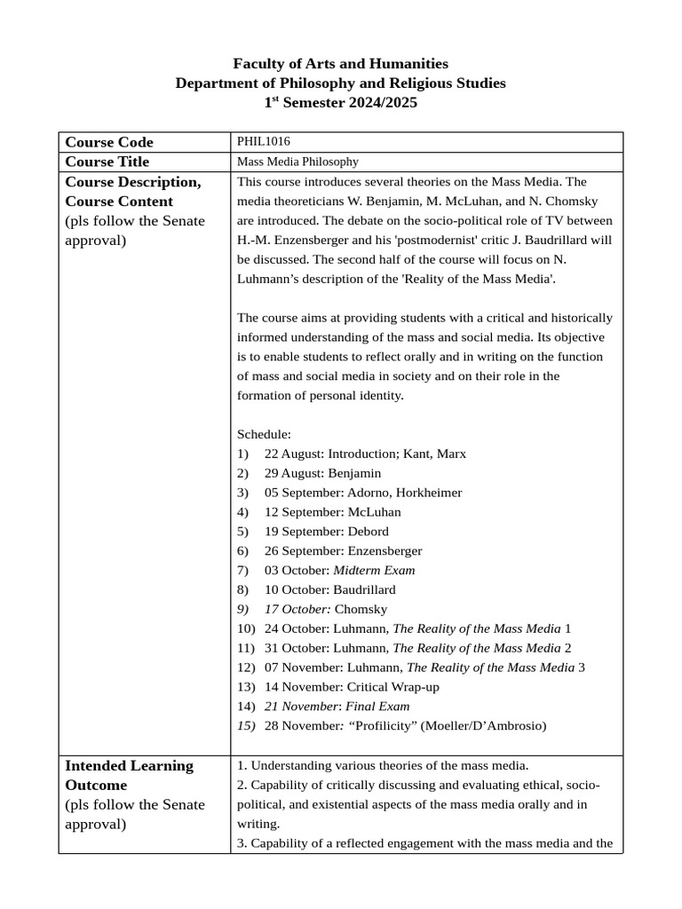 PHIL 1016 Syllabus 2024-1 | PDF | Liberal Arts Education