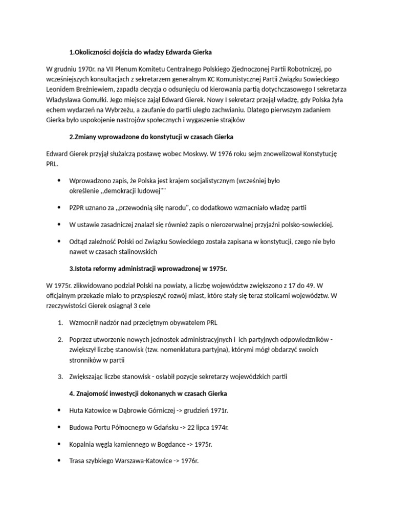 1.okoliczności Dojścia Do Władzy Edwarda Gierka | PDF