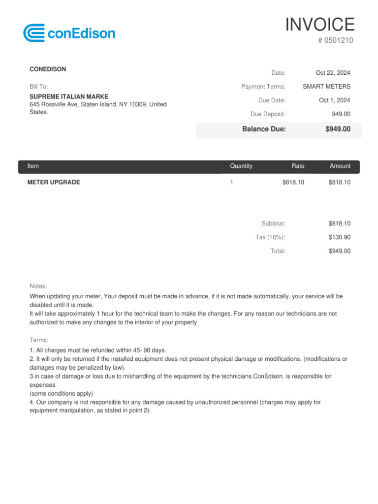 ConEdison Invoice for Meter Upgrade | PDF