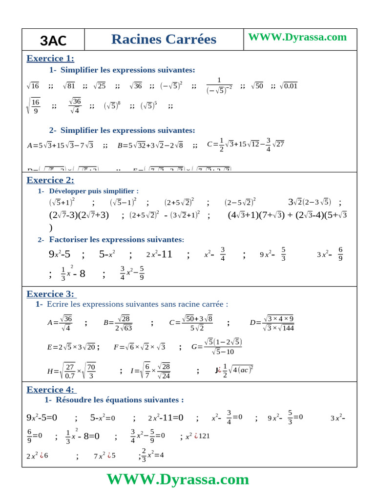 Exercices sur les Racines Carrées 3AC | PDF | Algèbre | Mathématiques ...