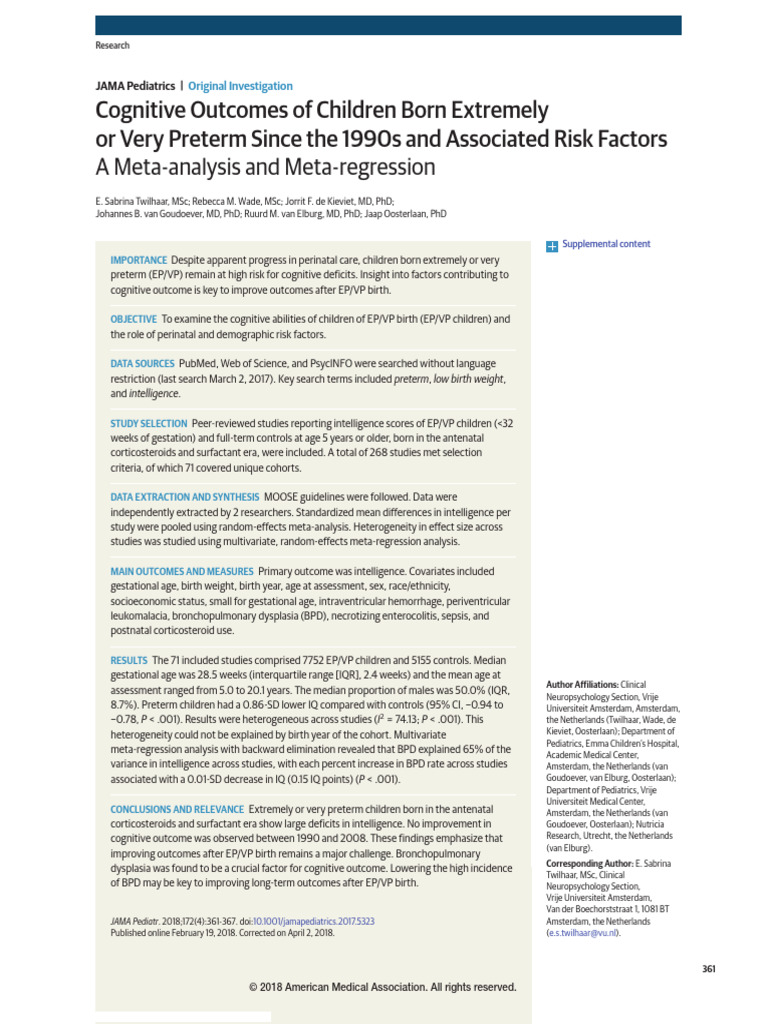 Cognitive Outcomes of Children Born Extremely or Very Preterm Since The ...