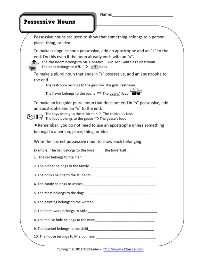 Possessive Nouns _ Noun Worksheets _ K12reader.com | PDF