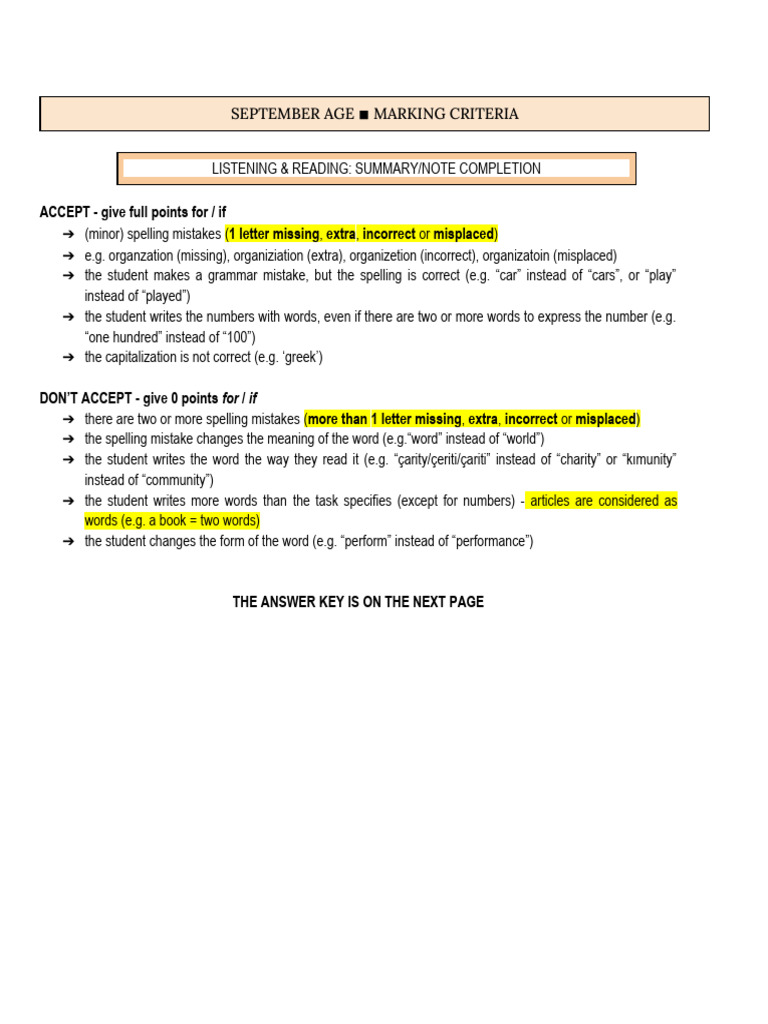 September Age Marking Criteria: ACCEPT - Give Full Points For / If 1 Letter Missing Extra ...