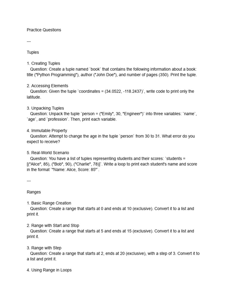 Sets, Tuples and Ranges Practice Questions (Practice - 3) | PDF | Computer Programming ...