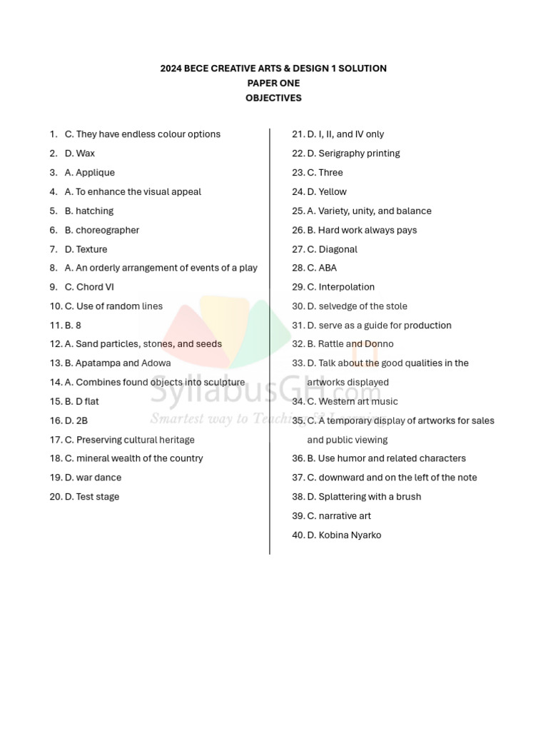 2024 Bece Creative Arts & Design 1 Solution | PDF