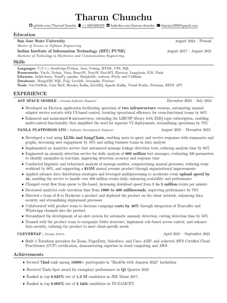 Tharun Chunchu Resume Sjsu 13600 | PDF | Amazon Web Services | Sql