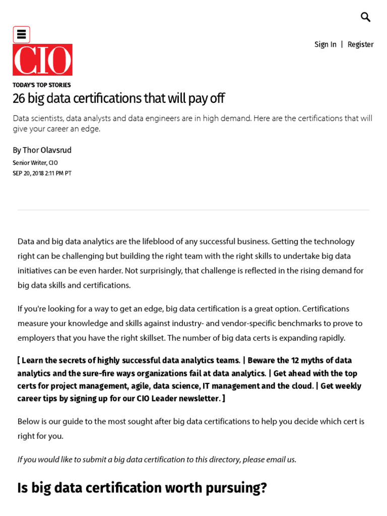 The Top 26 Big Data and Data Analytics Certifications For 2018 CIO | PDF | Apache Spark | Data ...