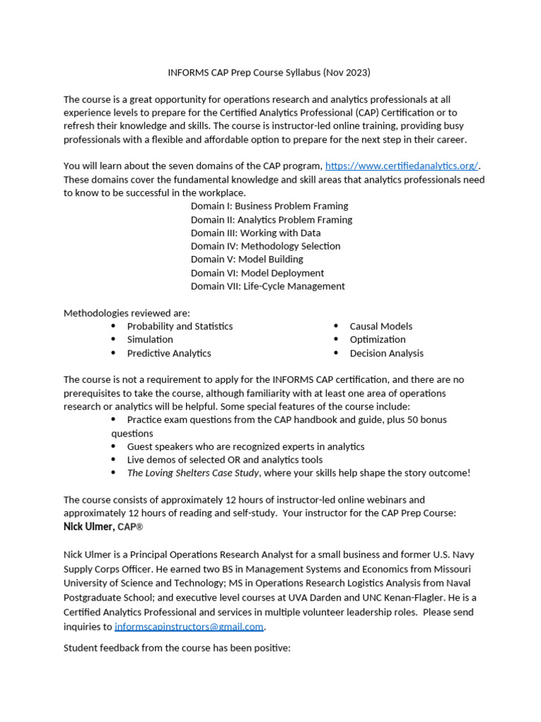 CAP Prep Course Syllabus BootCamp Nov 2023 | PDF | Analytics ...