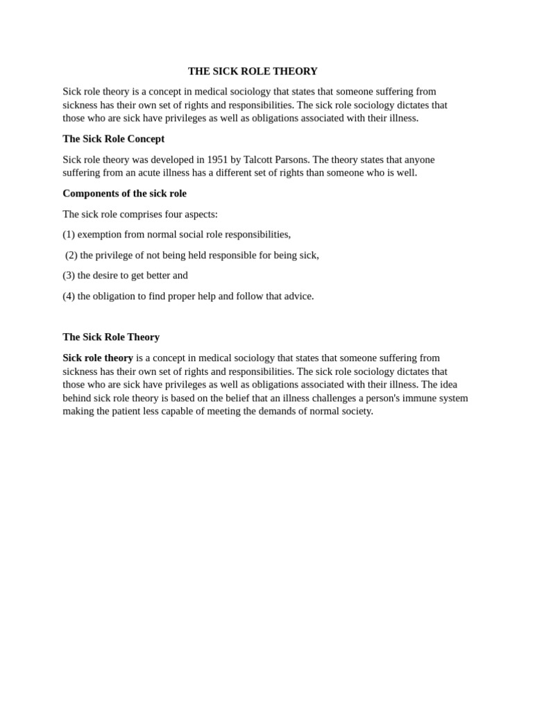 Sick Role Theory 1 | PDF | Deviance (Sociology) | Chronic Condition