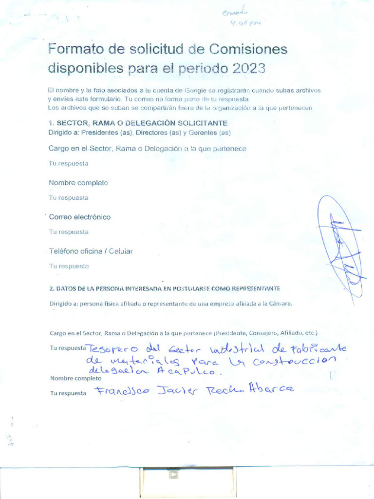 Formato de Solicitud de Comisiones Disponibles Periodo 2023 - Francisco Javier Rocha Abarca ...