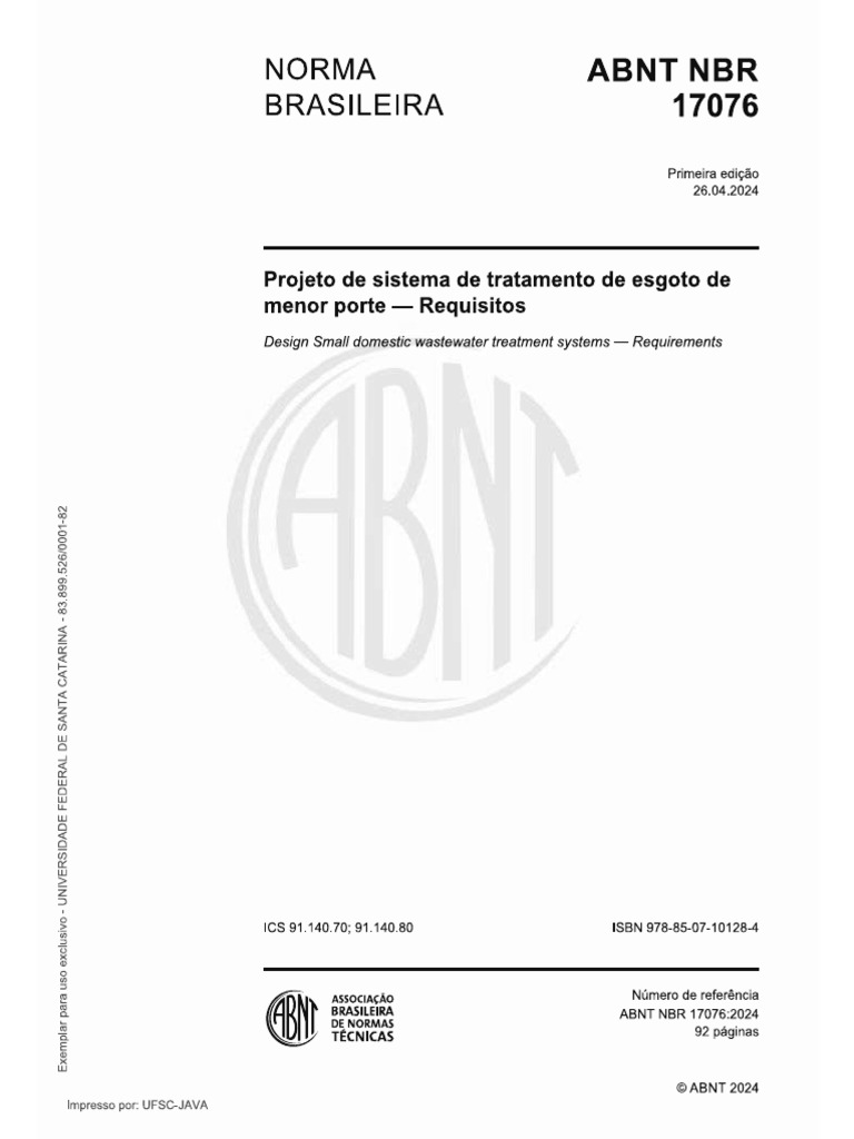 NBR 17076 - Projeto de Sistema de Tratamento de Esgoto de Menor Porte - Requisitos | PDF