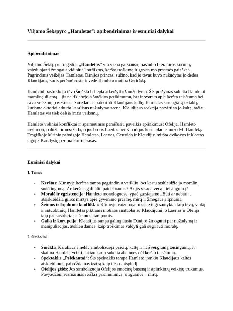 Viljamo Šekspyro Hamletas Apibendrinimas | PDF