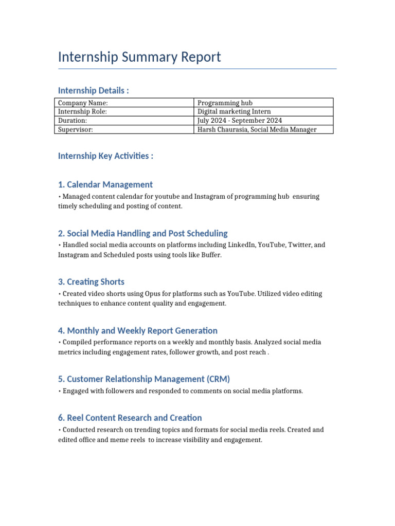Internship Activities Summary | PDF