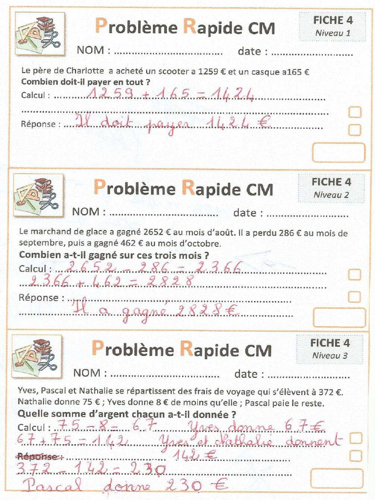CM1 Correction Des Problemes Fiche 4 | PDF