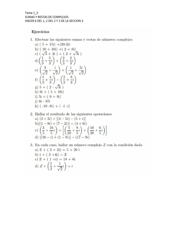 TAREA 1_3_Ejercicios de SUMAS Y RESTAS DE COMPLEJOS | PDF