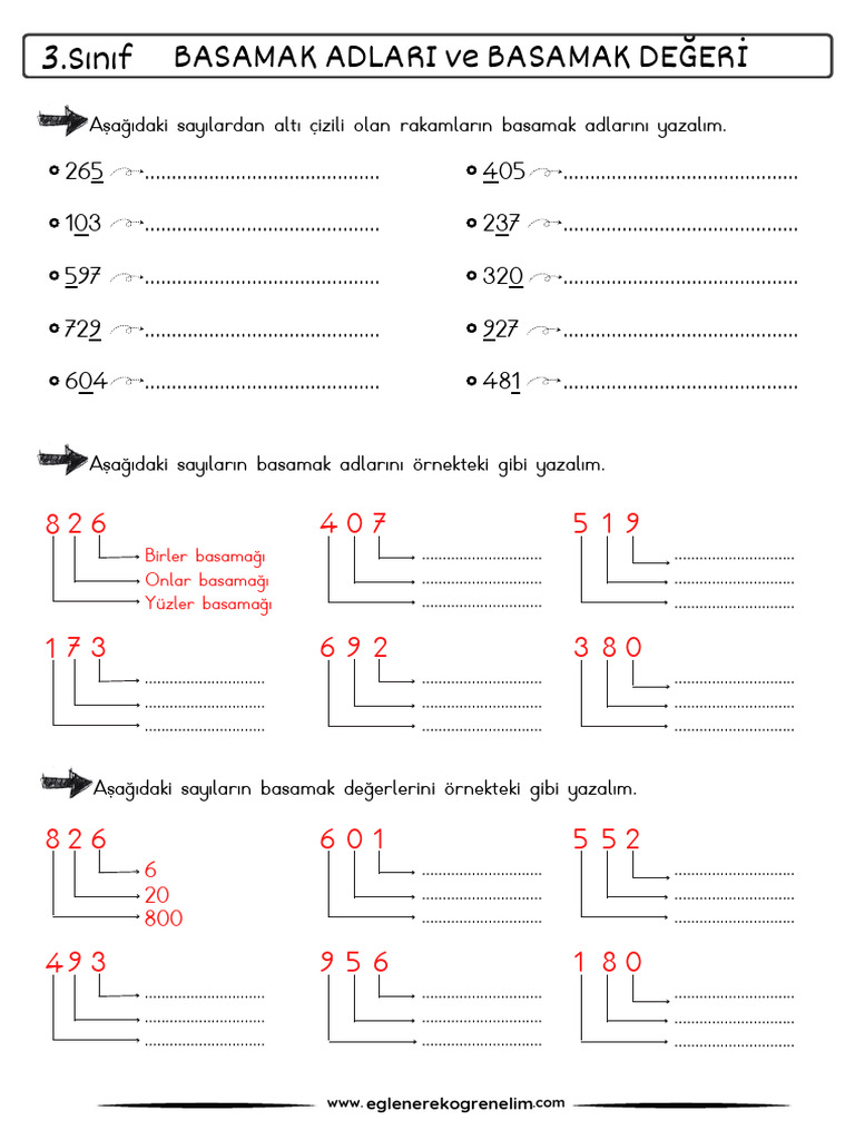 3 Basamakli Sayilar Basamak Adlari Basamak Degeri Pekistirme | PDF