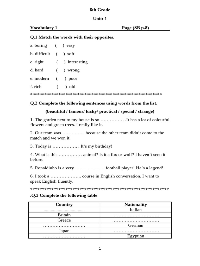 Vocabulary 1 Unit 1 6th | PDF