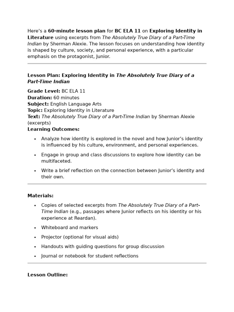 BC ELA 11 Lesson Plan | PDF | Identity (Social Science) | Cognition