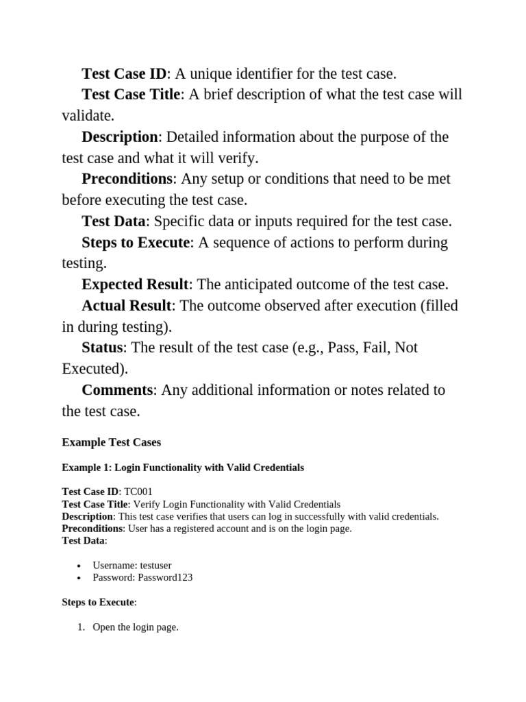 Test Case ID Test Case Title Description Preconditions Test Data Steps ...