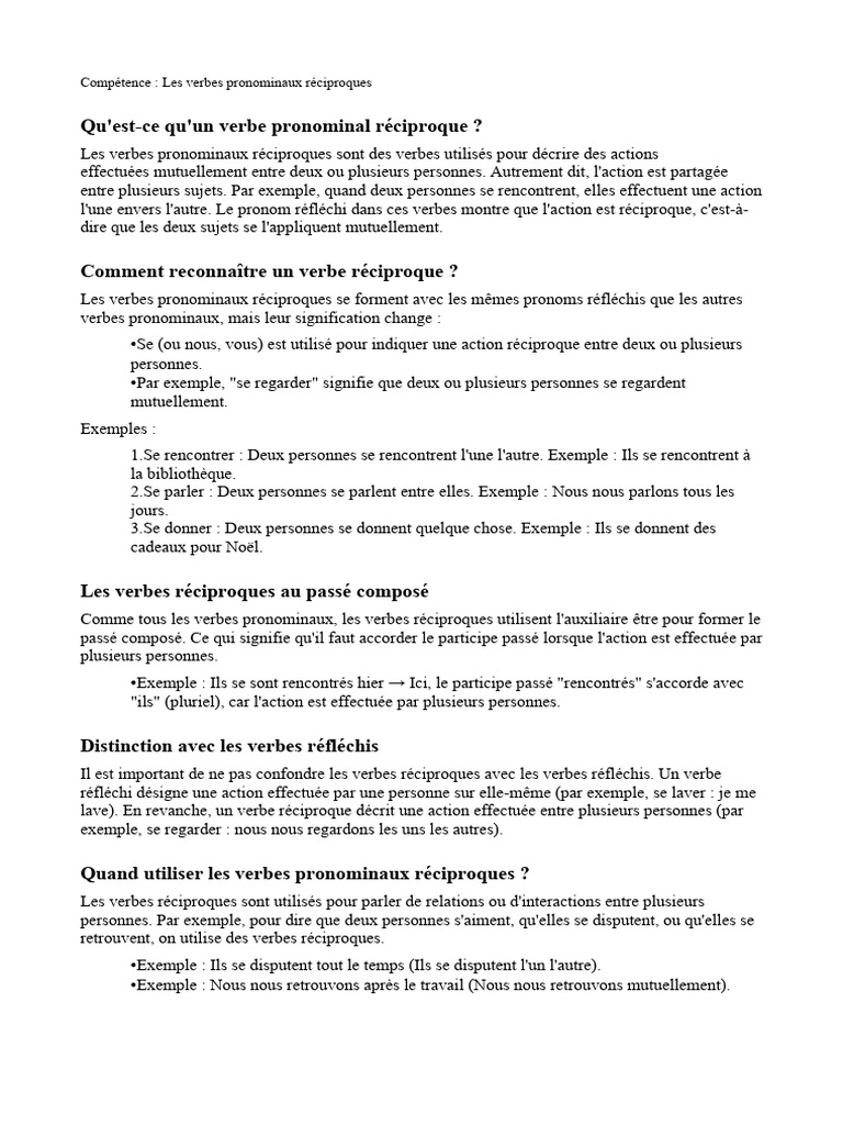 Verbes Pronominaux Réciproques Pour Les Enseignants | PDF | Verbe ...