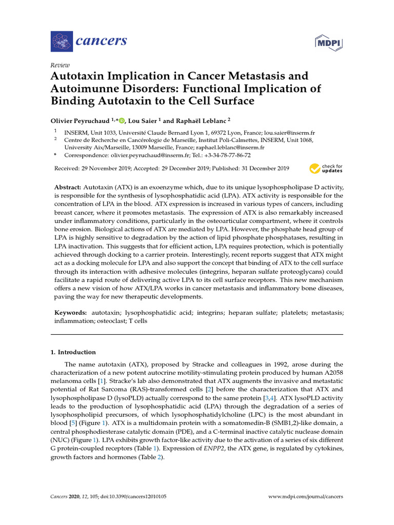 Autotaxin Implication in Cancer Metastasis and Autoimunne Disorders ...