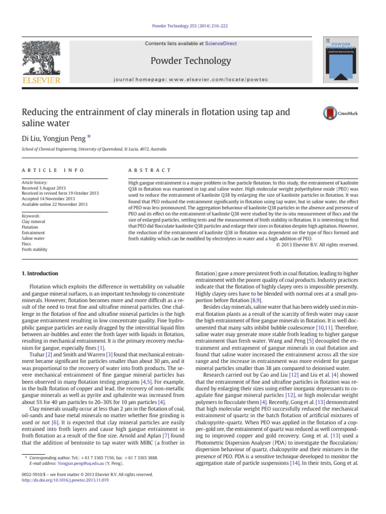Reducing Clay Entrainment in Flotation | PDF | Polyethylene Glycol | Water