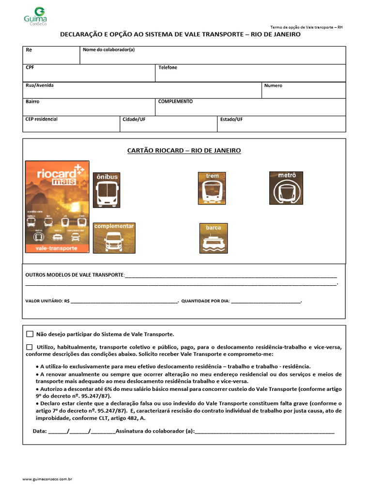 Formulario VT Rio de Janeiro | PDF