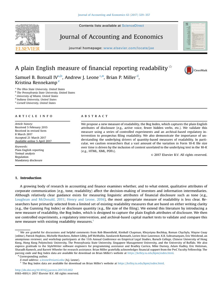A Plain English Measure of Financial Reporting Readability | PDF | Experiment | Word