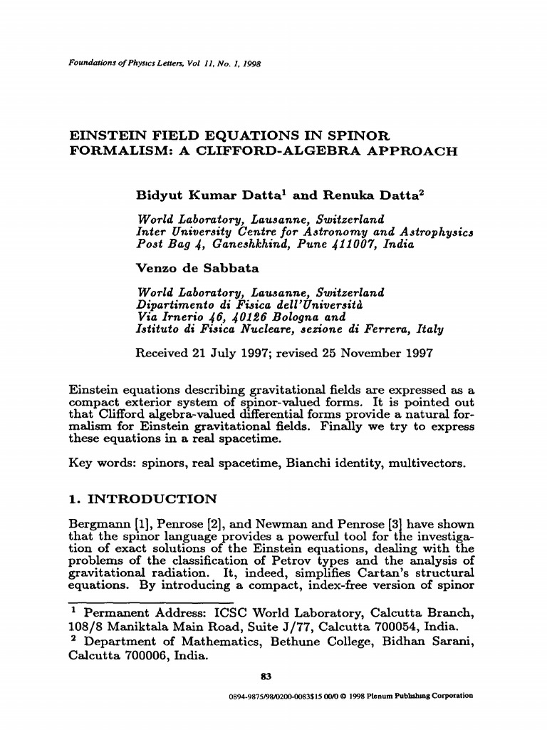 1998) EINSTEIN FIELD EQS Spinor Formalism Clifford Algebra Approach ...