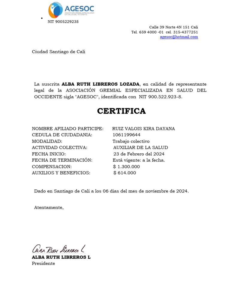 Certificación de Afiliación AGESOC 2024 | PDF